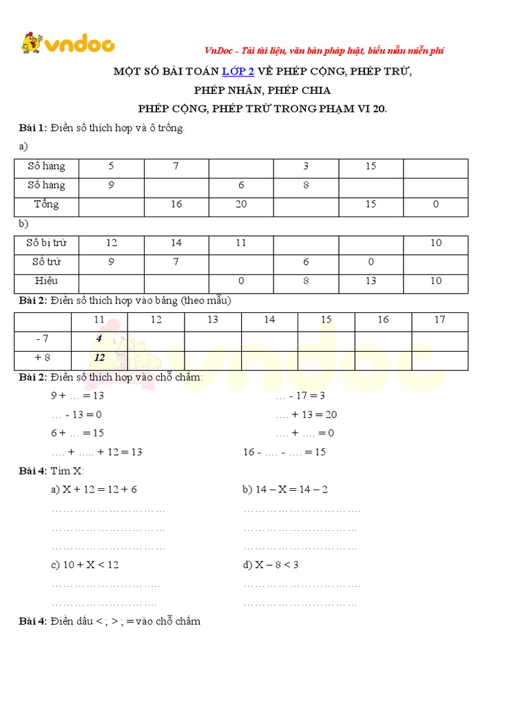 Bai Tap Toan Lop 2 Phep Cong Phep Tru Trong Pham VI 20 | PDF