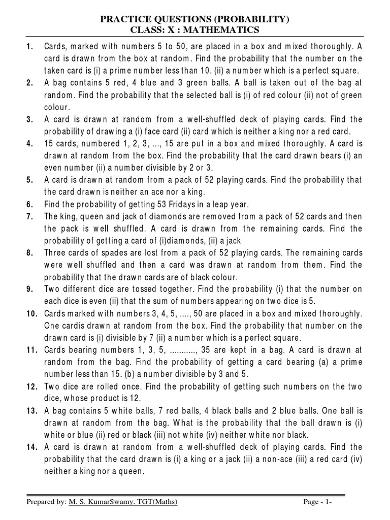 Practice Questions Probability Class X Set 02 | PDF | Probability | Dice
