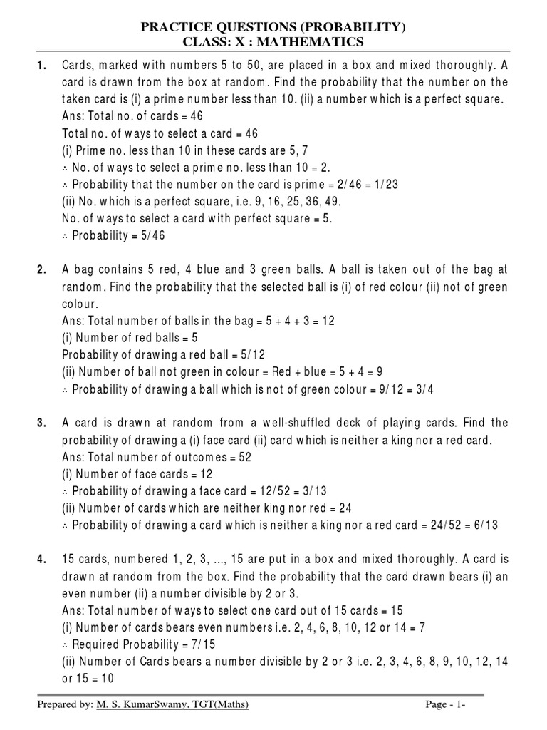 Practice Questions Probability Class X Set 02 Answers | PDF ...