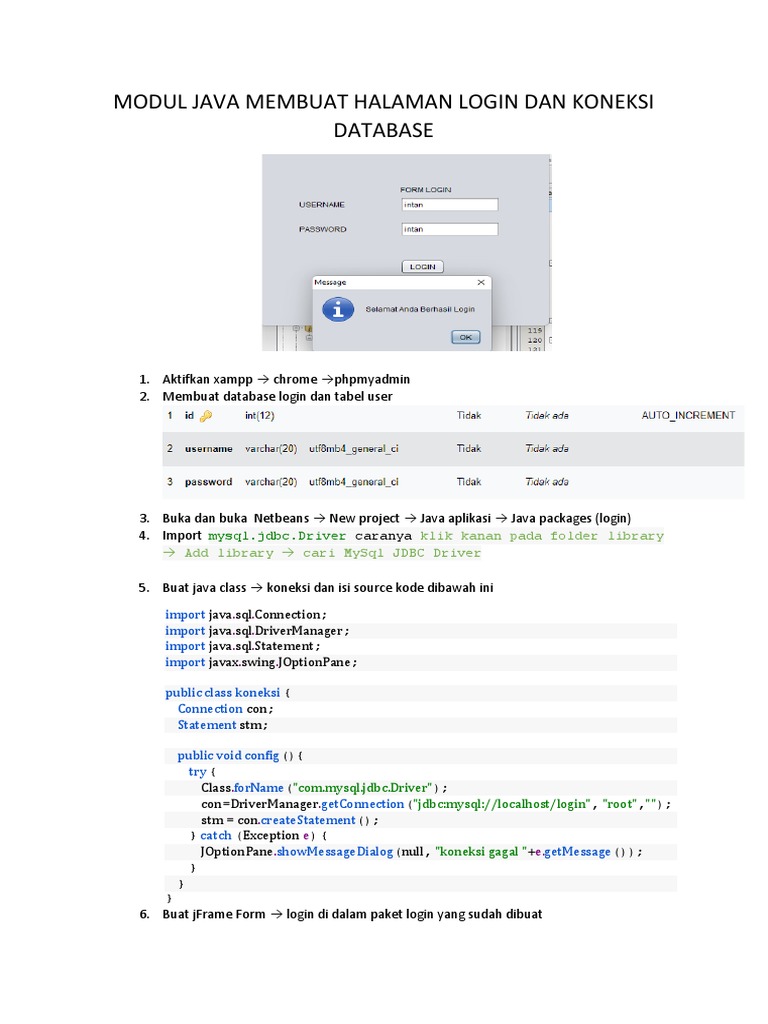 Modul Java Membuat Halaman Login Dan Koneksi Database | PDF