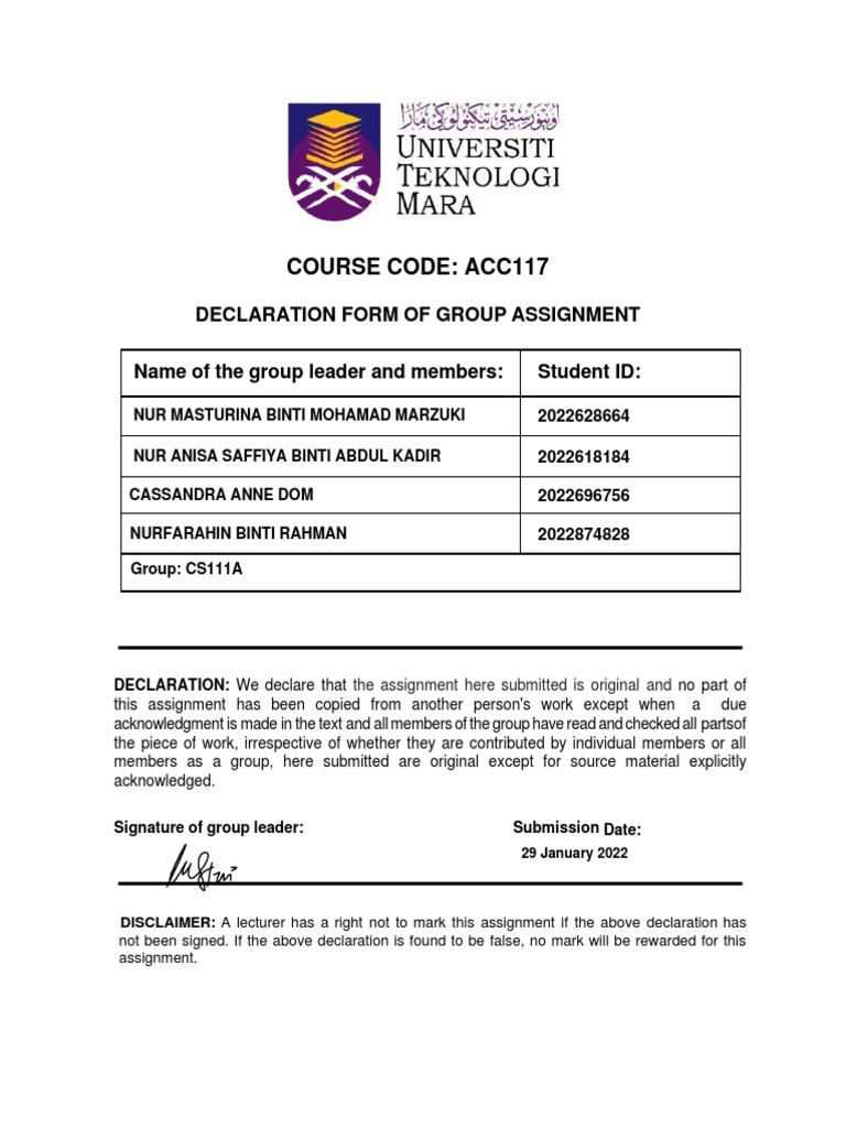 Course Code: Acc117: Declaration Form of Group Assignment | PDF | Expense | Inventory