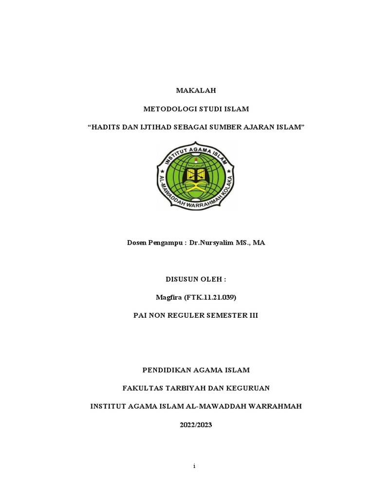 Makalah Hadits Dan Ijtihad Sebagai Sumber Hukum Islam (Magfira) | PDF Makalah Hadits Dan Ijtihad Sebagai Sumber Hukum Islam (Magfira) | PDF