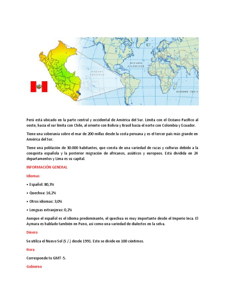 Perú Está Ubicado en La Parte Central y Occidental de América Del Sur ...