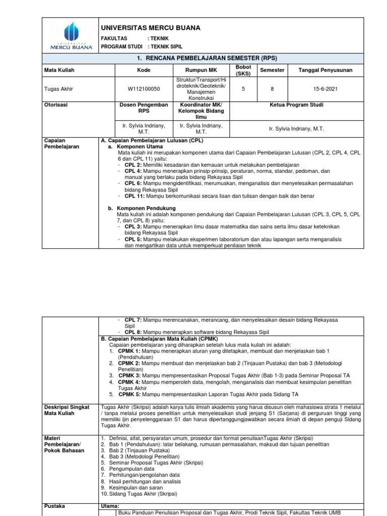 RPS Tugas Akhir Teknik Sipil UMB | PDF | Komputer