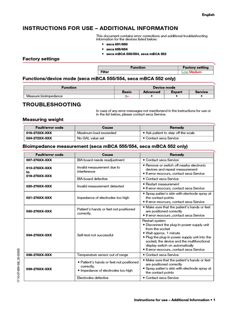 Seca Device Error Troubleshooting Guide | PDF | Electrical Connector ...