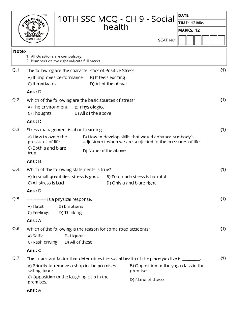 10thsscmcq ch9 Socialhealthc0749 | PDF | Stress (Biology) | Thought