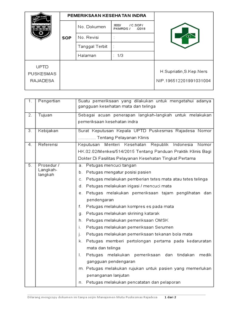 Sop Pemeriksaan Kesehatan Indra | PDF | Sains & Matematika