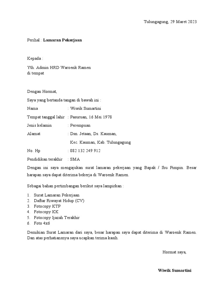 Lamaran Pekerjaan Herlia Natasya Putri | PDF