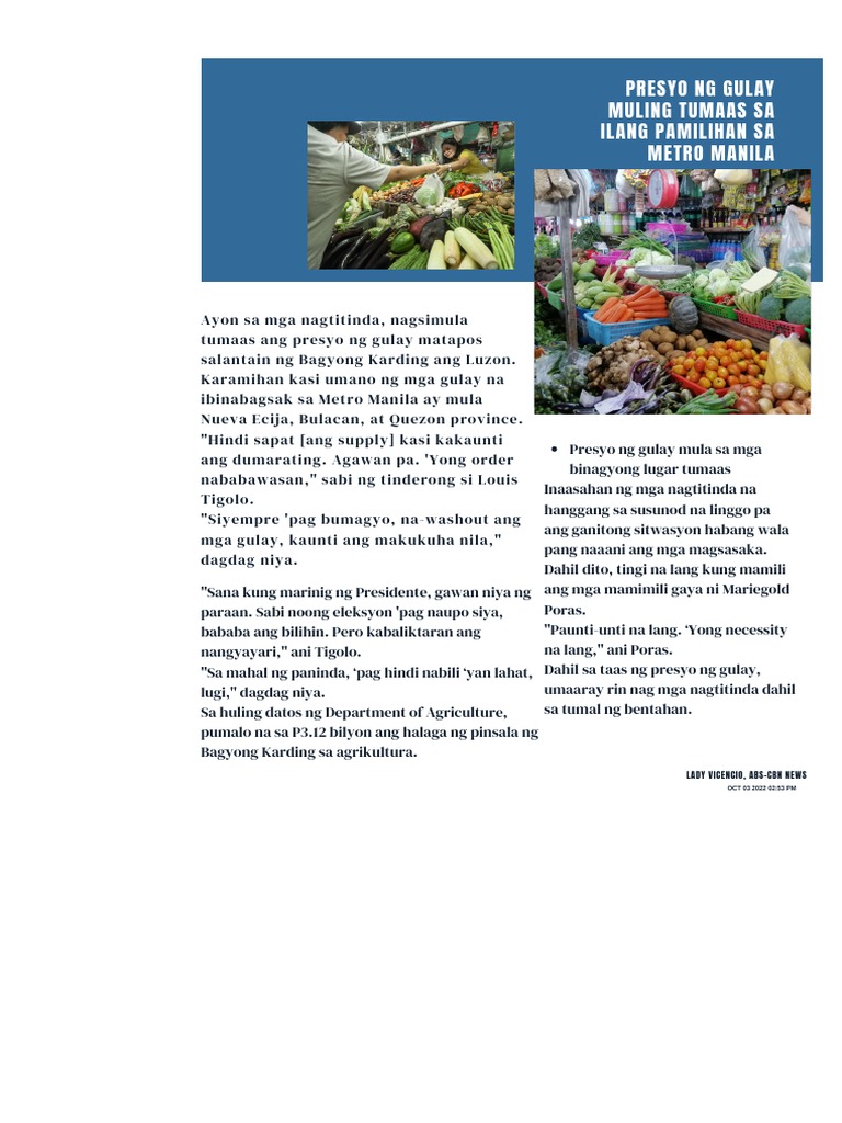 Presyo NG Gulay Muling Tumaas Sa Ilang Pamilihan Sa Metro Manila | PDF
