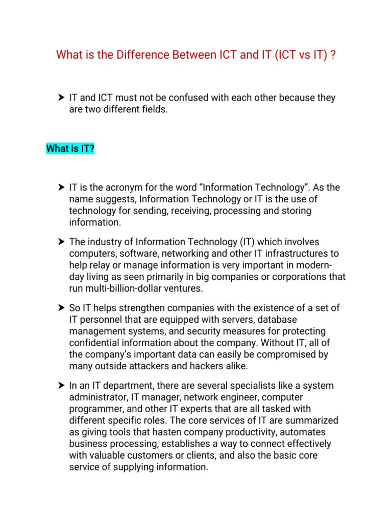 What Is The Difference Between ICT and IT (ICT Vs IT) ? | PDF | Information Technology ...