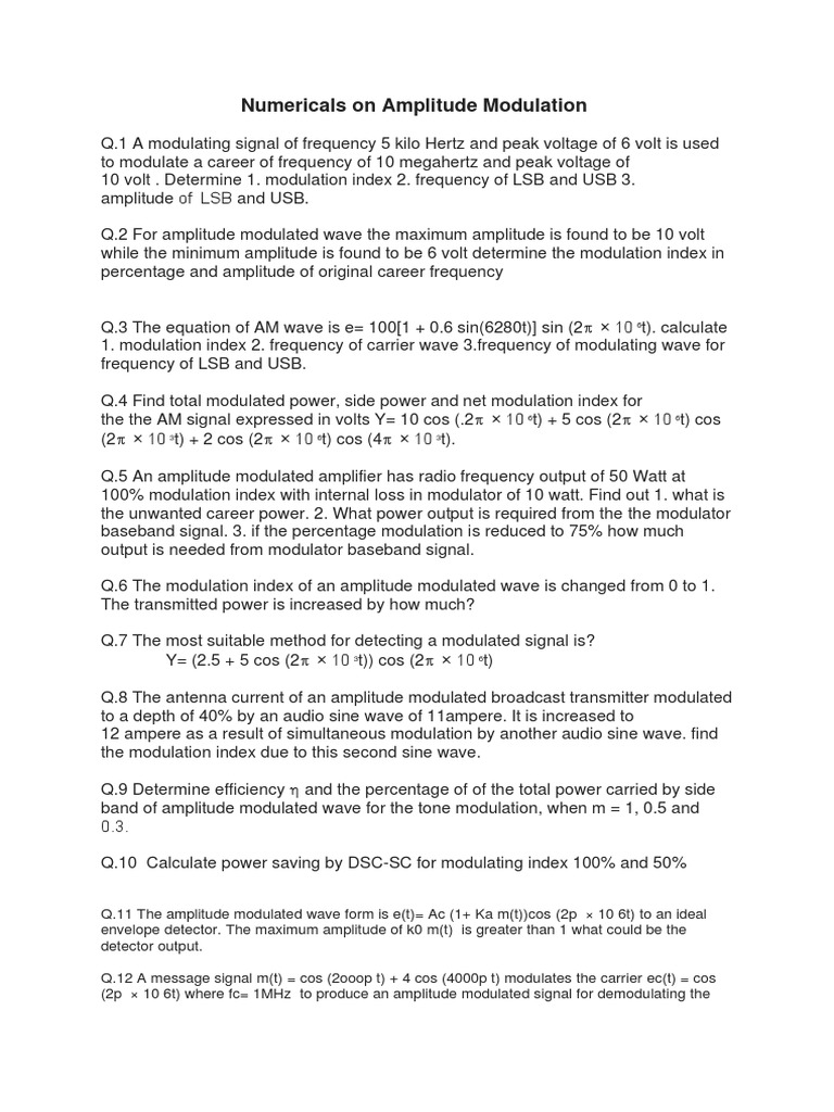Numericals On AM | PDF | Modulation | Frequency Modulation