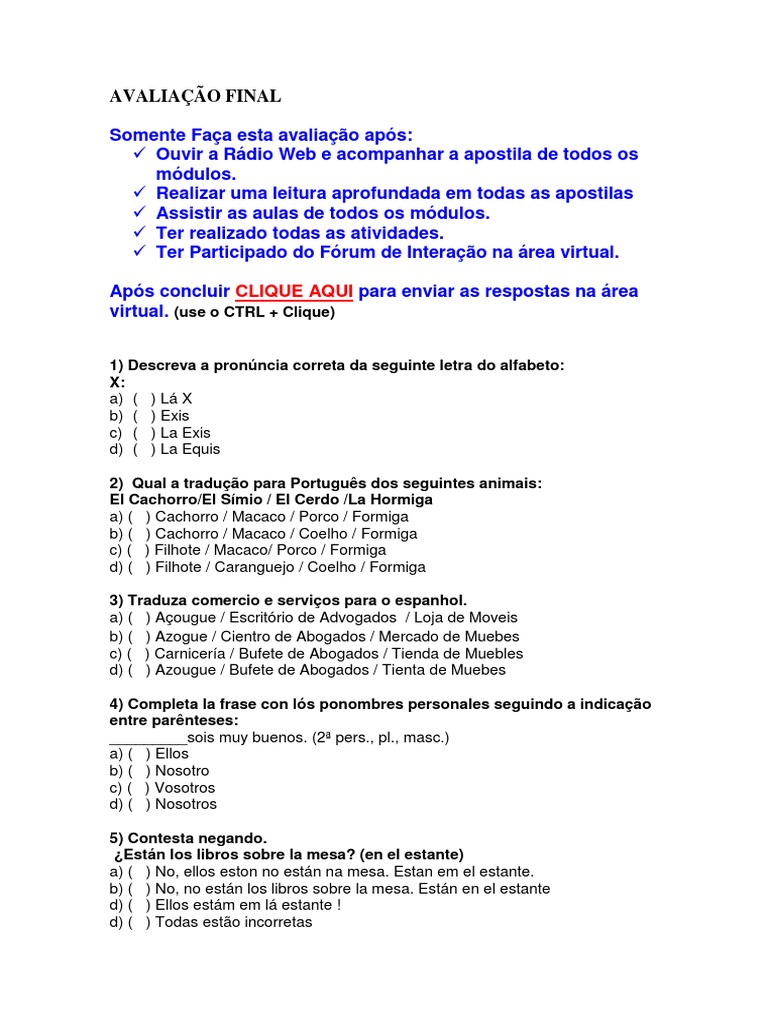 Avaliação Espanhol Pdf Alimentos
