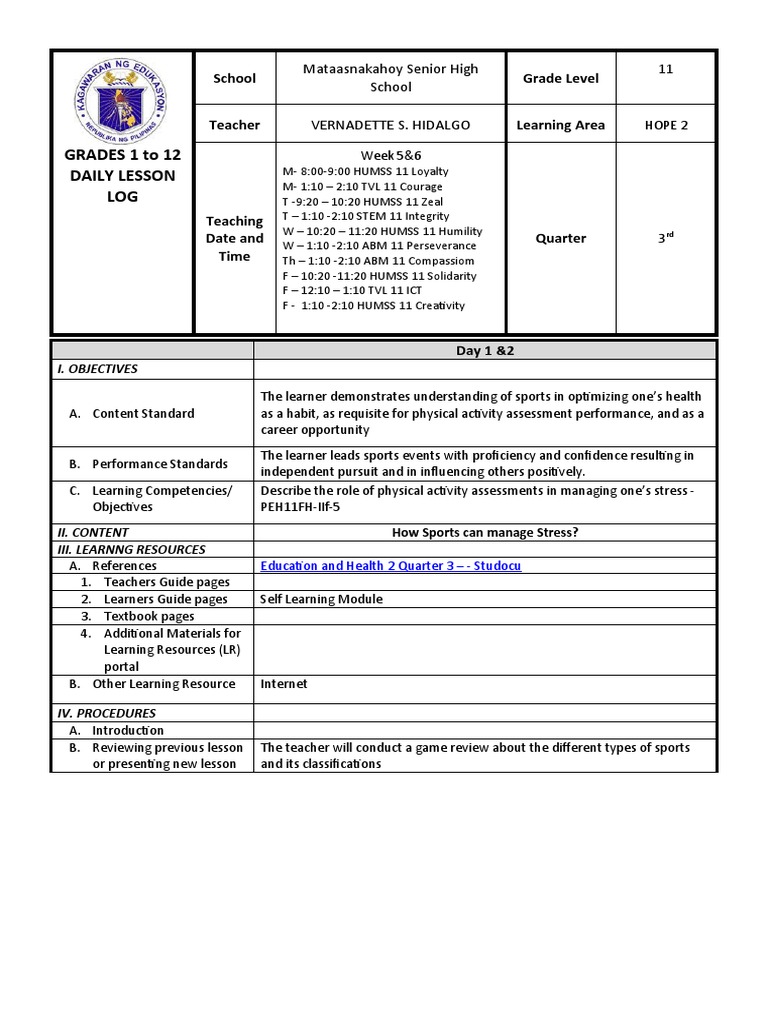 DLL P.E. Q3 Week 5&6 | PDF | Learning | Teachers