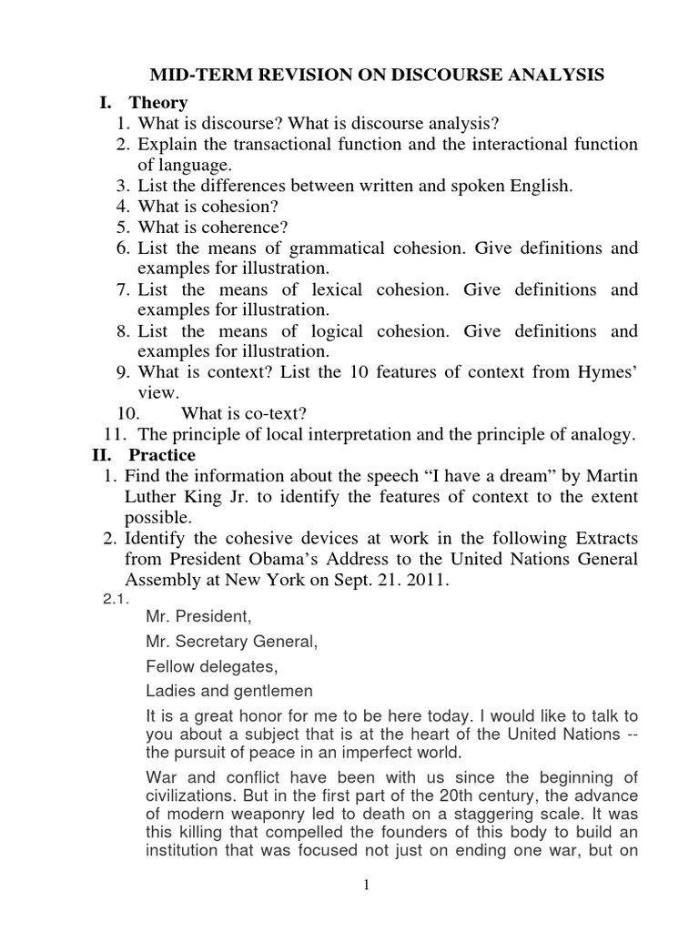 Mid-Term Revision On Discourse Analysis I. Theory | PDF