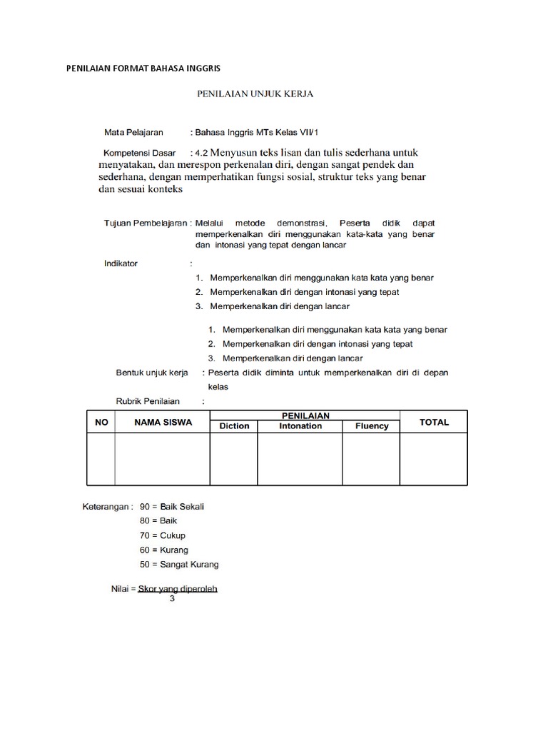 Penilaian Format Bahasa Inggris Pdf