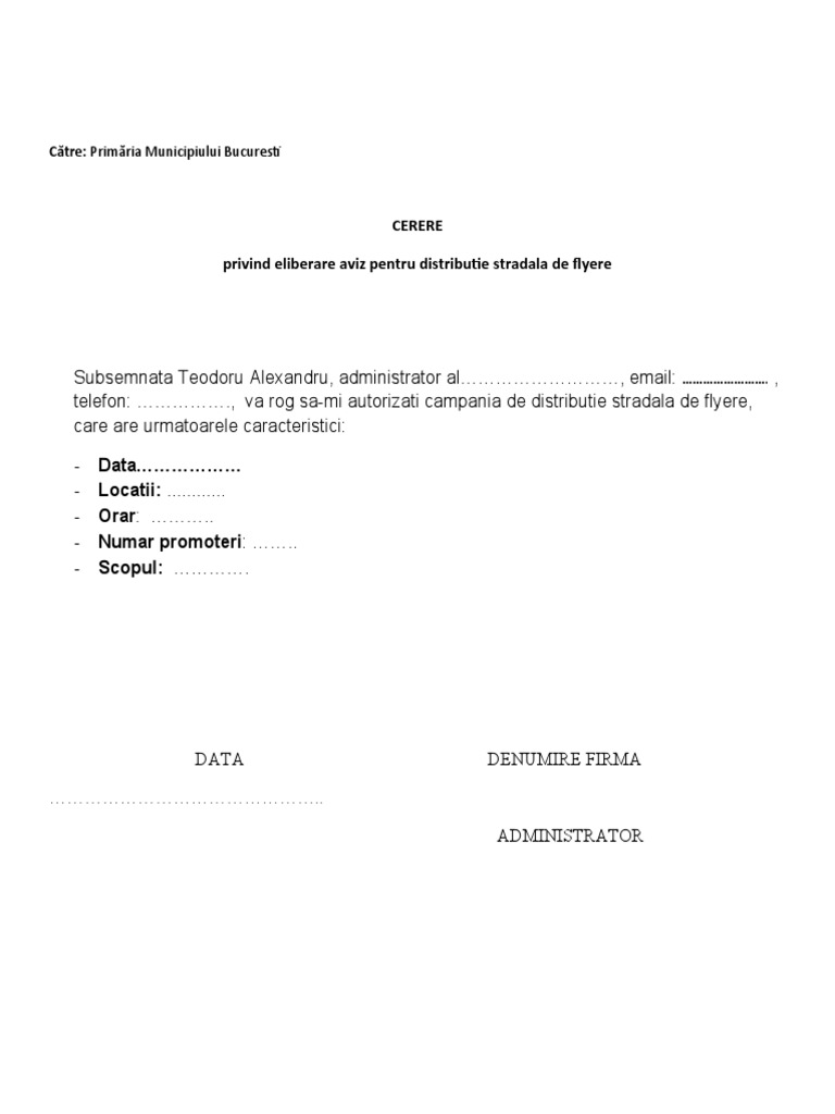 Cerere Privind Eliberare Aviz Pentru Distributie Stradala de Flyere | PDF