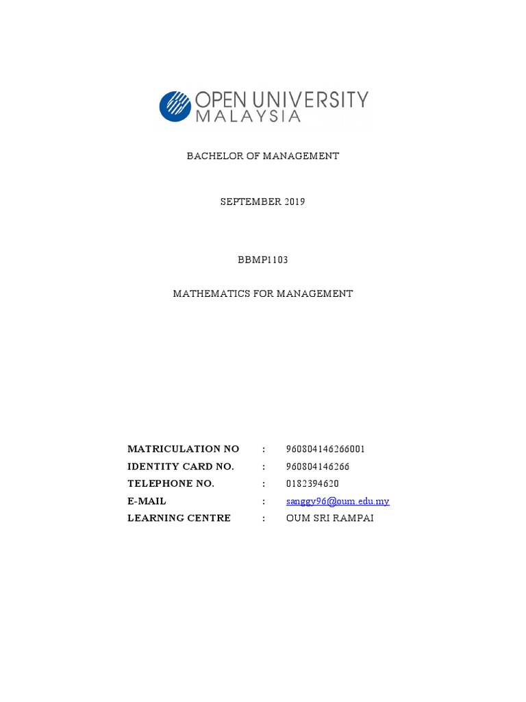 Bachelor of Management: Matriculation No: Identity Card No.: Telephone ...