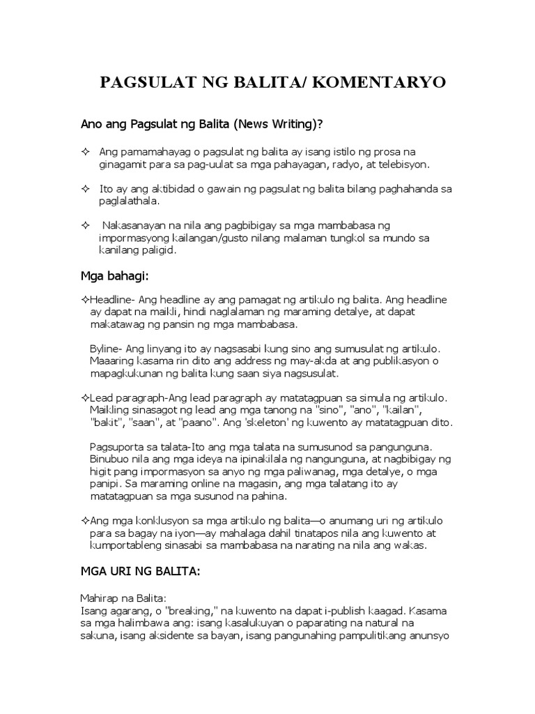 PAGSULAT NG BALITA o KOMENTARYO - Filipino8 | PDF