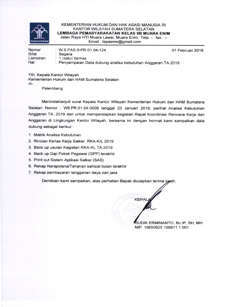 Penyampaian Data Dukung RKAKL TH Anggaran 2019001 | PDF