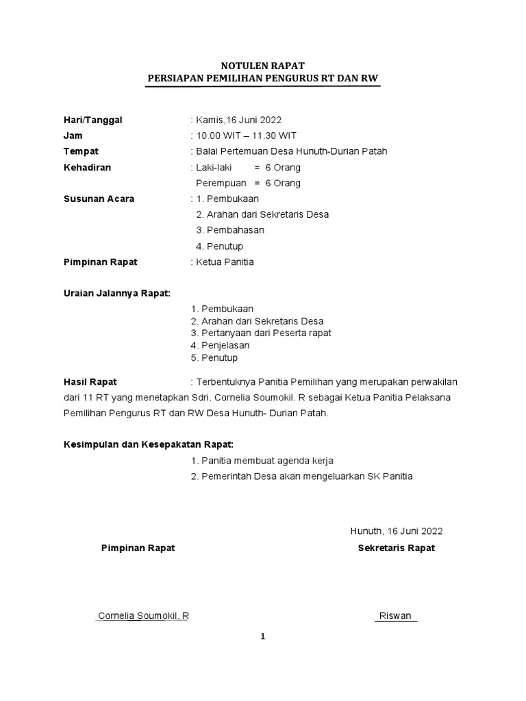 Notulen Rapat Persiapan Pemilihan Pengurus RT Dan RW: Hari/Tanggal Jam ...