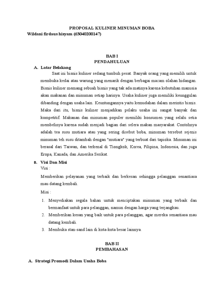 Proposal Kuliner Minuman Boba Wildani Firdaus Hisyam (63040200147) | PDF | Karier & Perkembangan ...