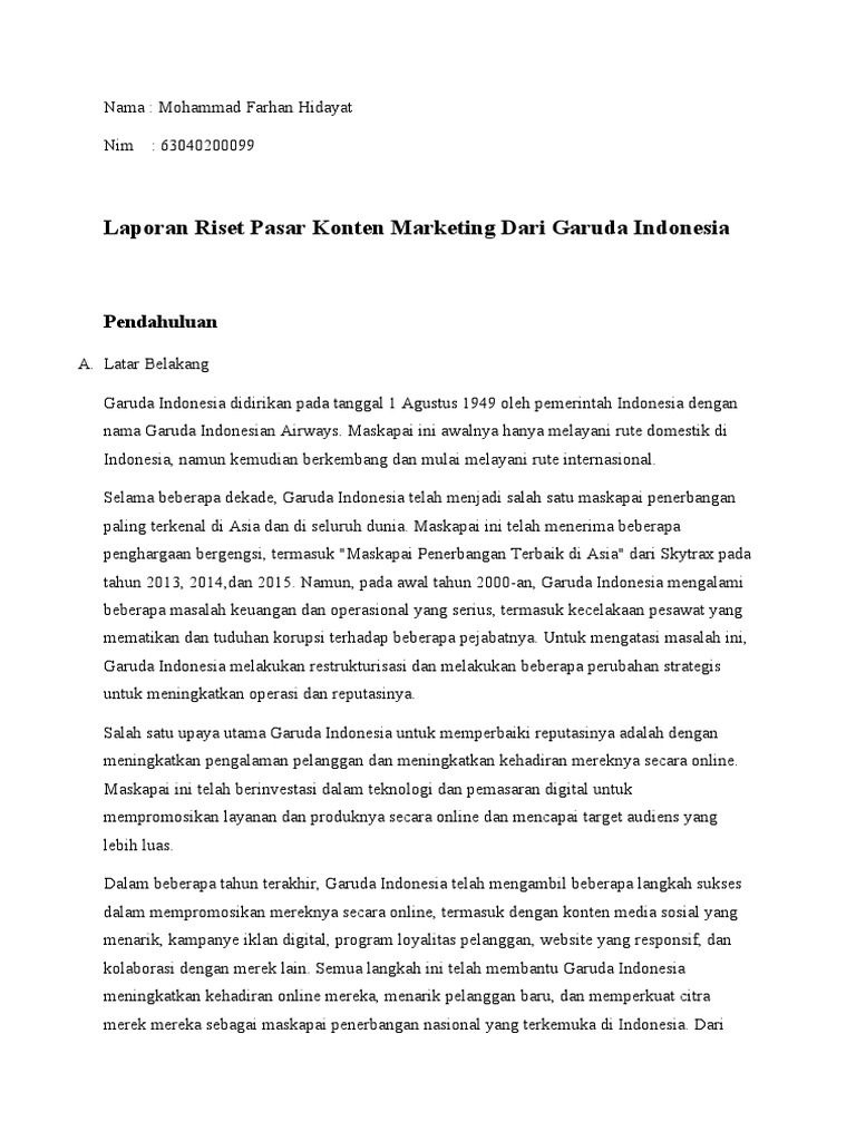 Laporan Riset Pasar Konten Marketing Dari Garuda Indonesia: Pendahuluan | PDF