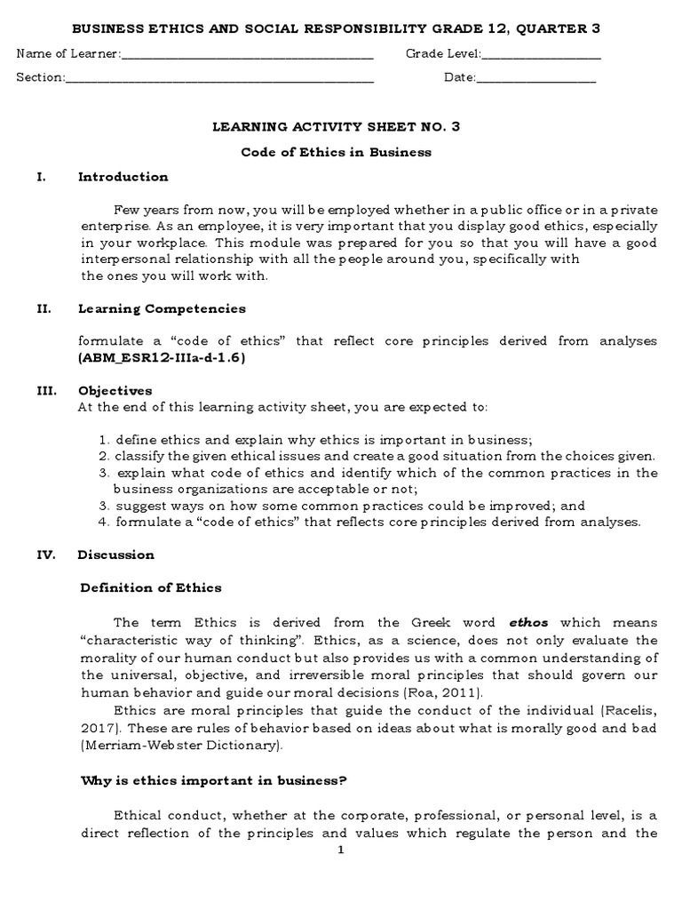 Code of Ethics in Business Education | PDF | Business Ethics | Business