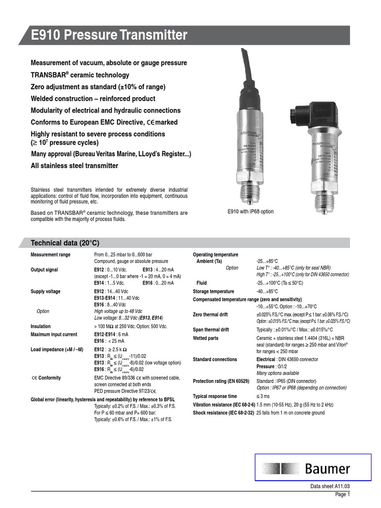 Baumer E910 Series Pressure Transmitter | PDF | Electrical Connector ...
