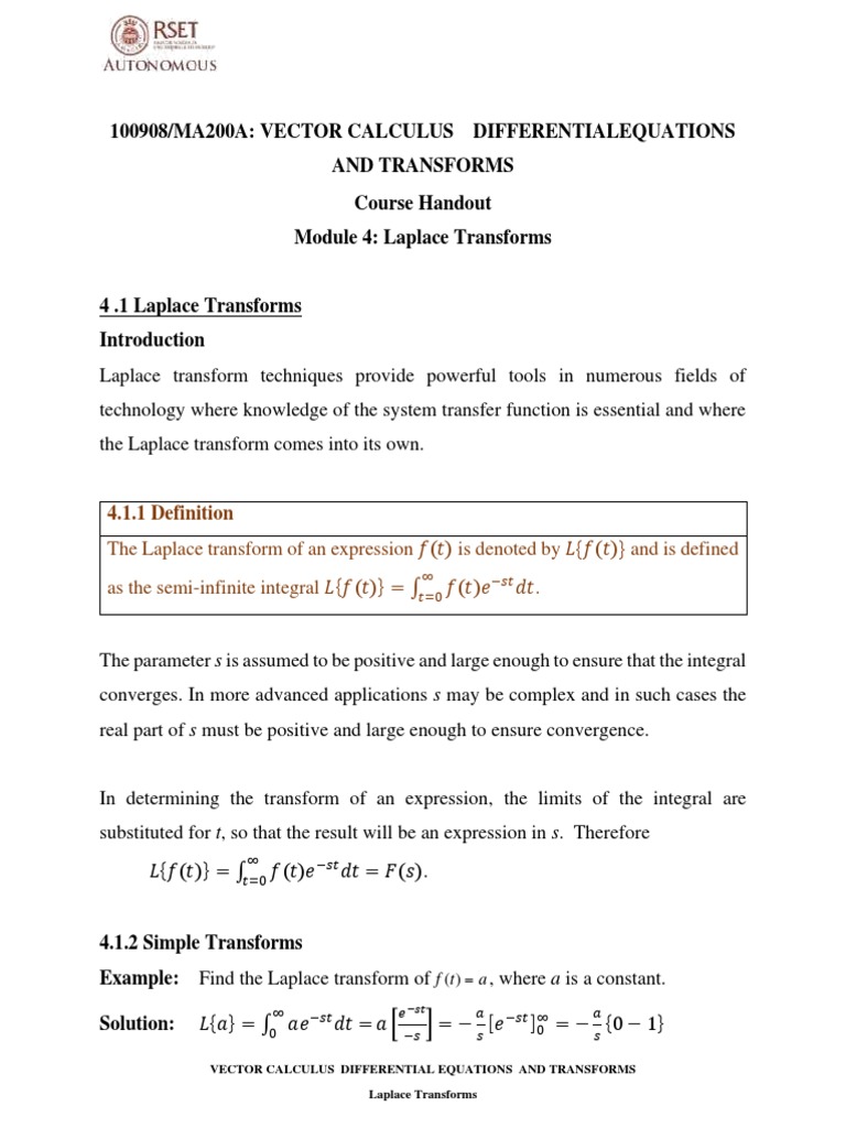 100908/Ma200A: Vector Calculus Differentialequations and Transforms Course Handout Module 4 ...