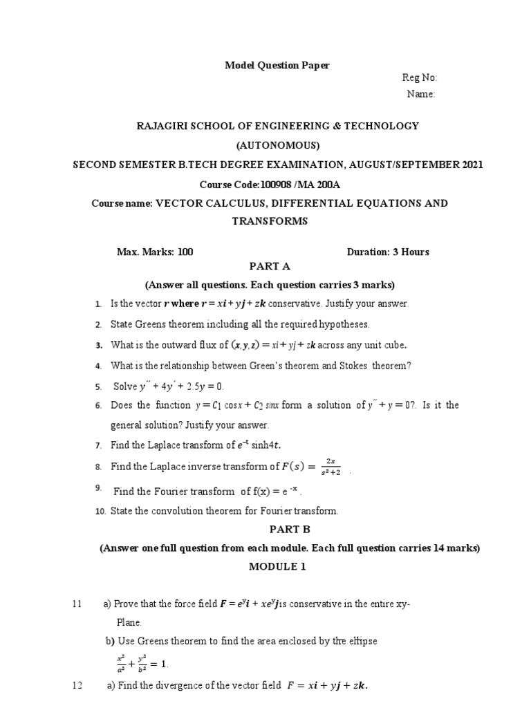 Model Question Paper - S2 - VECTOR CALCULUS, DIFF EQUNS | PDF | Laplace ...