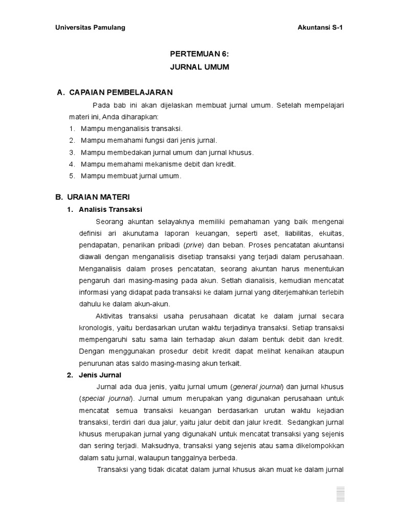 Pert. 6 JURNAL UMUM | PDF | Pengelolaan Keuangan & Uang