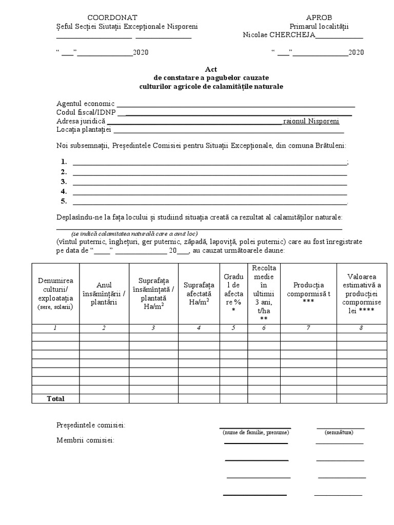 Act de Constatare A Pagubelor Cauzate Culturilor Agricolae de ...