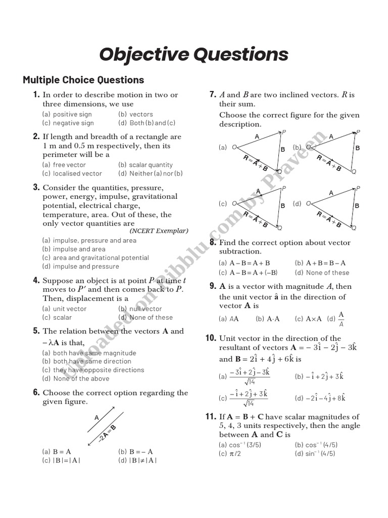 MCQ Question Answers Class 11 Physics Chapter 4 Motion in A Plane | PDF ...