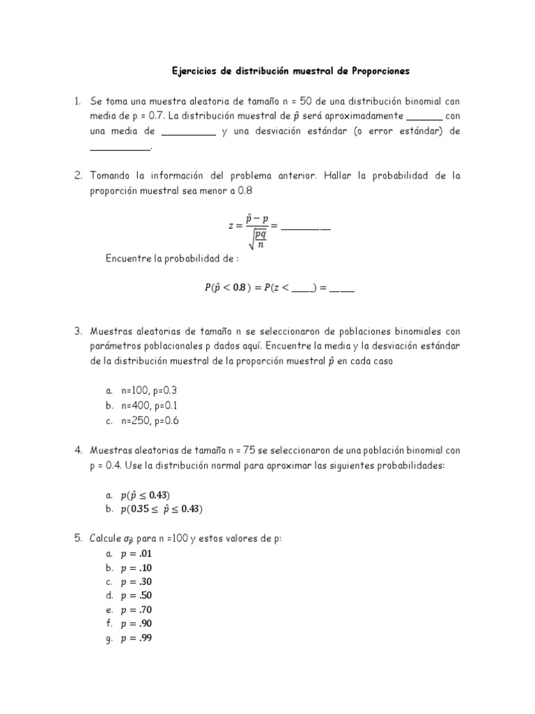 Ejercicios5 - Distribución Muestral Proporciones-TLC | PDF | Probabilidad | Desviación Estándar