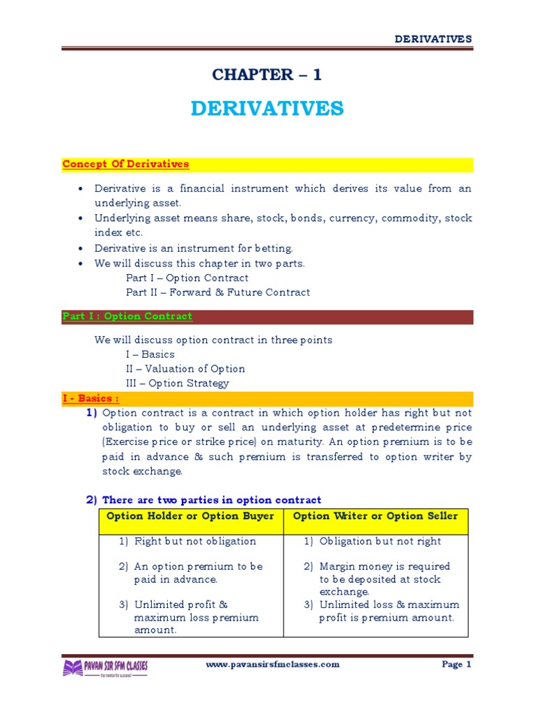 Derivatives: Chapter - 1 | Download Free PDF | Option (Finance) | Put Option