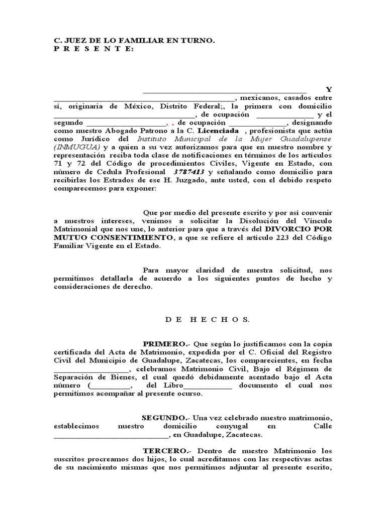 Formato Juicio de Divorcio Voluntario | PDF | Divorcio | Instituciones ...