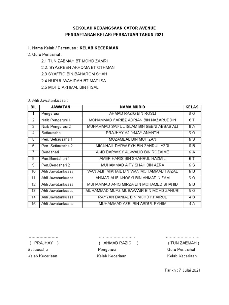 Ajk Kelab Keceriaan 2021 | PDF