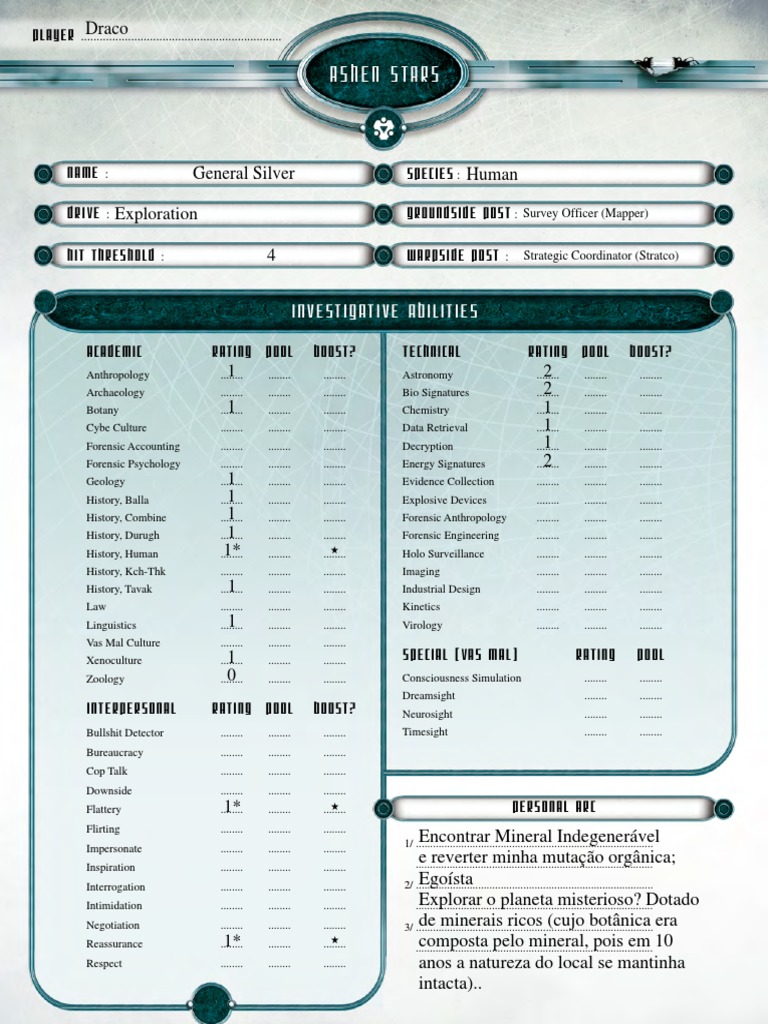 Ashen Stars Character Sheet v1.2 Fillable and Saveable | PDF | Science | Psychology