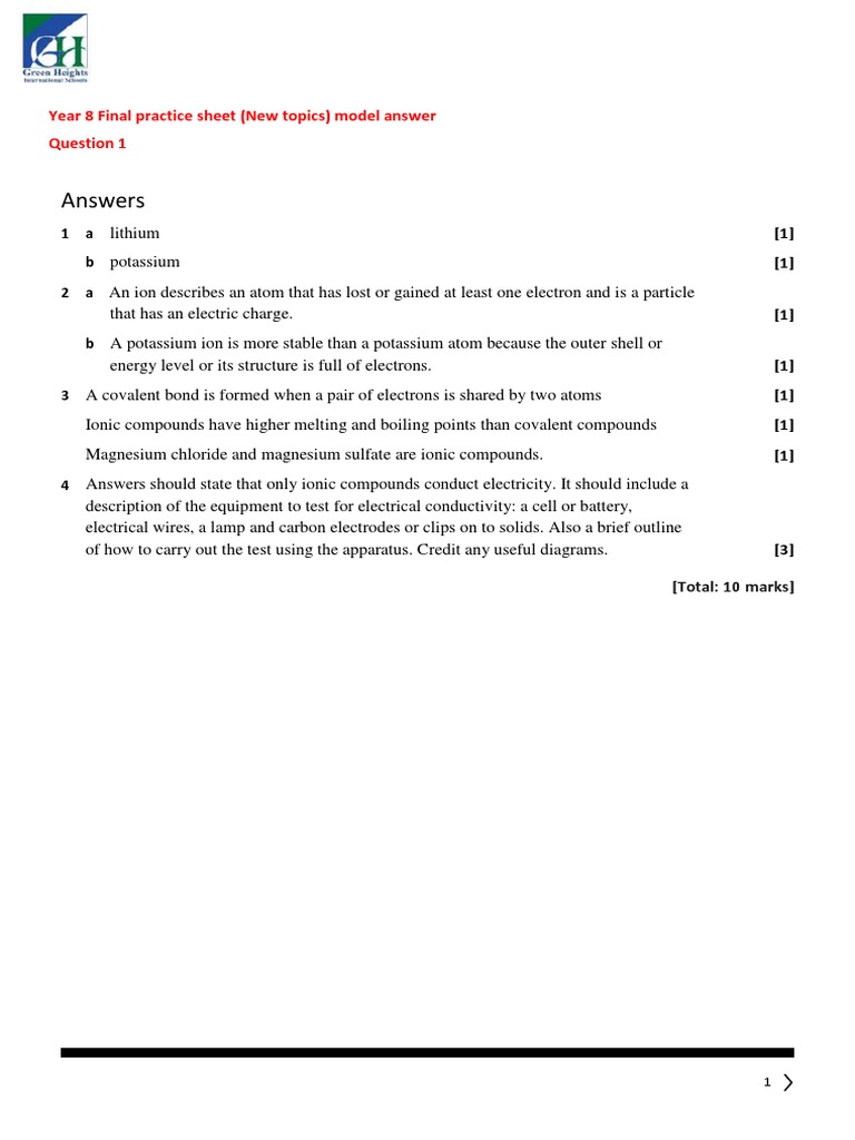 Year 8 Science Practice Answers | PDF | Atoms | Ionic Bonding
