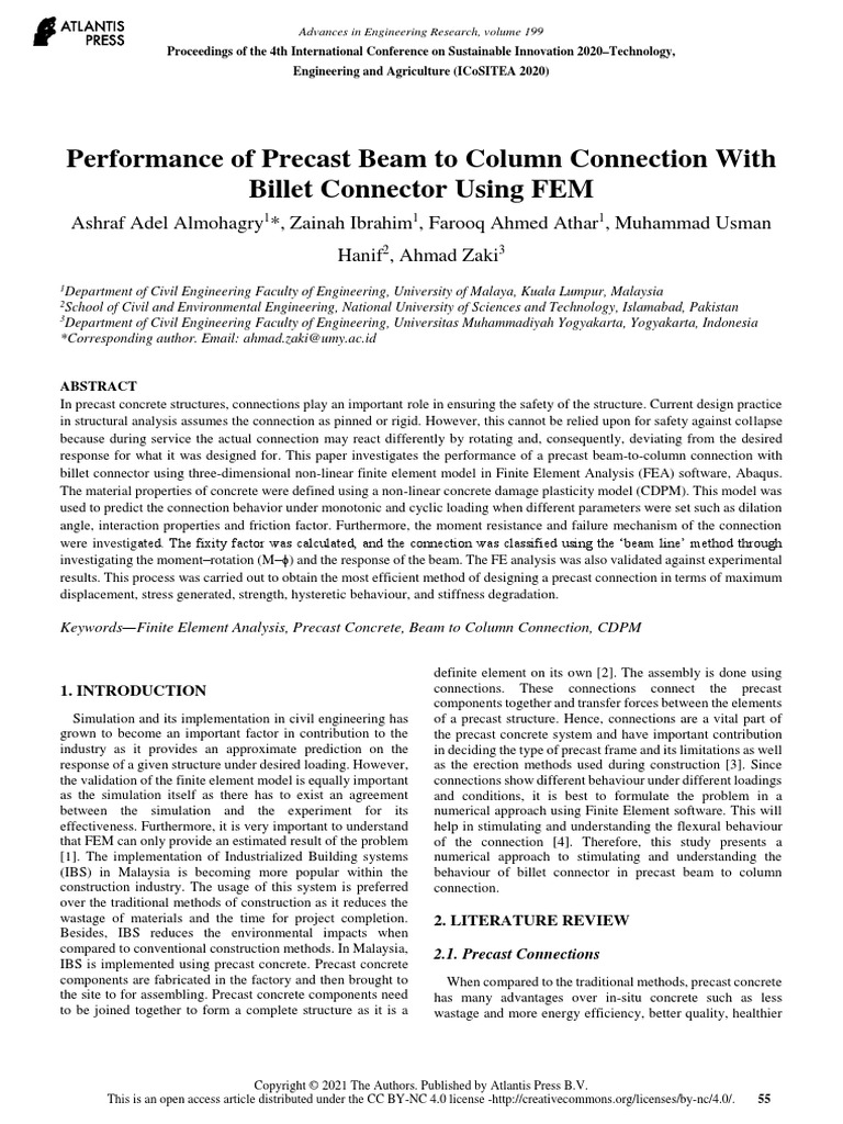 Performance of Precast Beam To Column Connection With Billet Connector ...