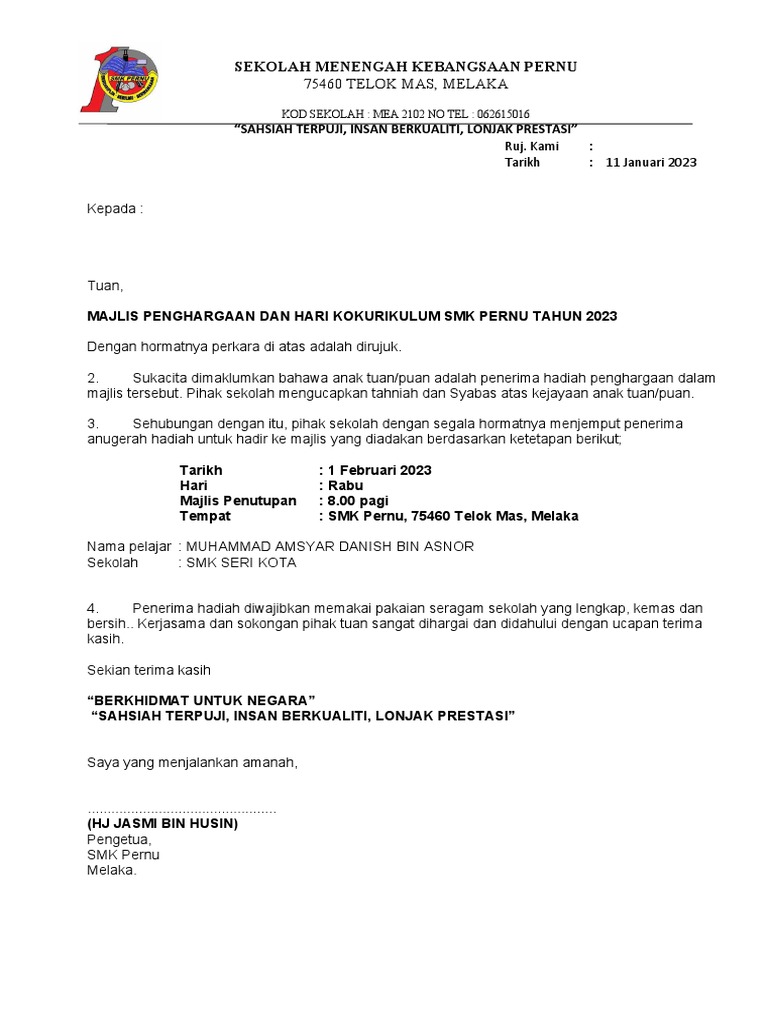 Undangan Majlis Penghargaan SMK Pernu | PDF