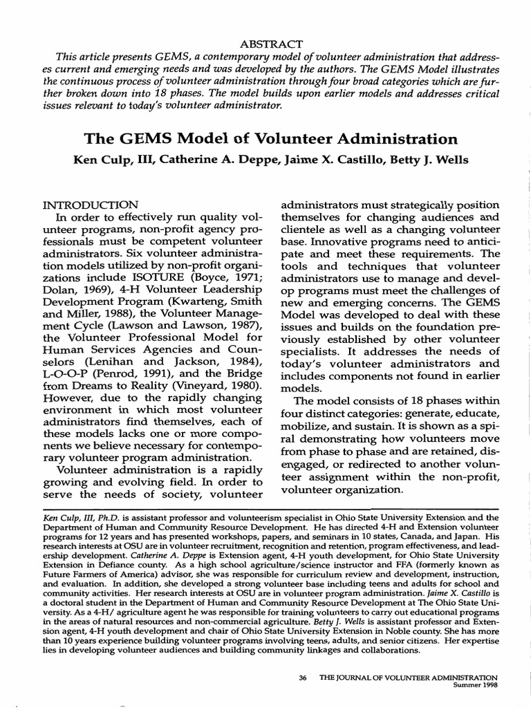 The GEMS Model of Volunteer Administration: Ken Culp | PDF ...