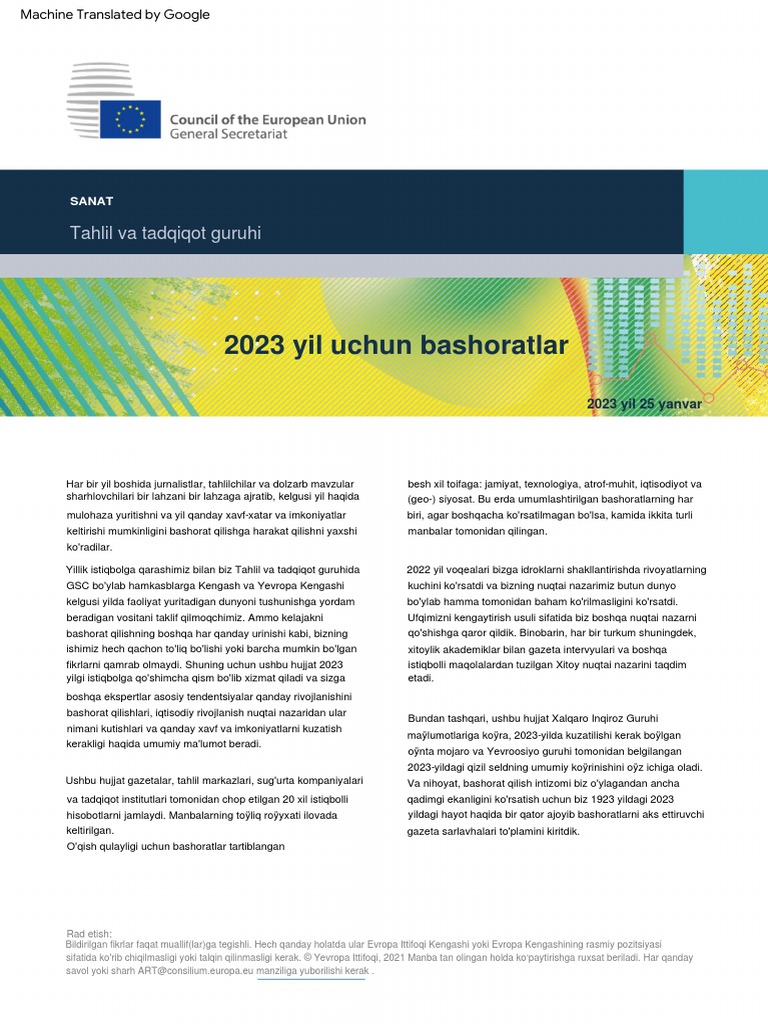 2023 Yil Uchun Bashoratlar: Tahlil Va Tadqiqot Guruhi | PDF