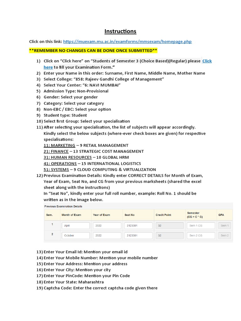 Instructions For Sem 3 Online Exam Form Filling | PDF