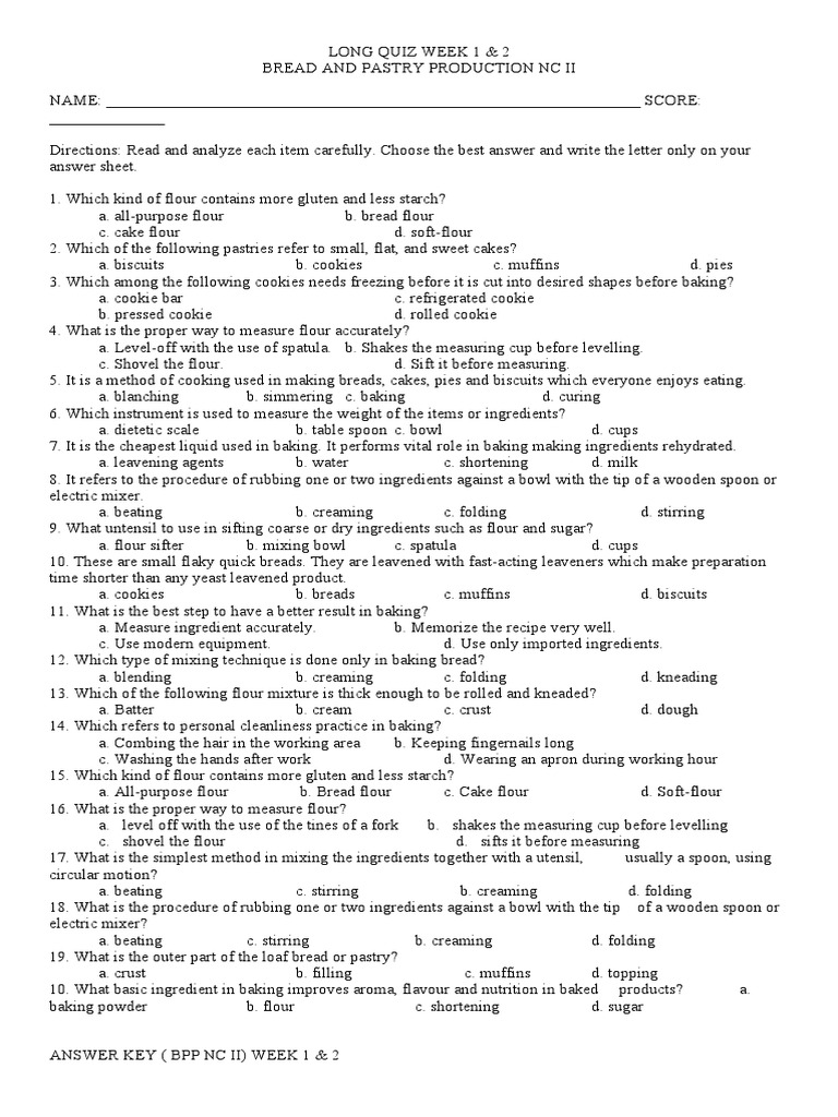 Long Quiz Week 1 & 2 | PDF | Breads | Flour
