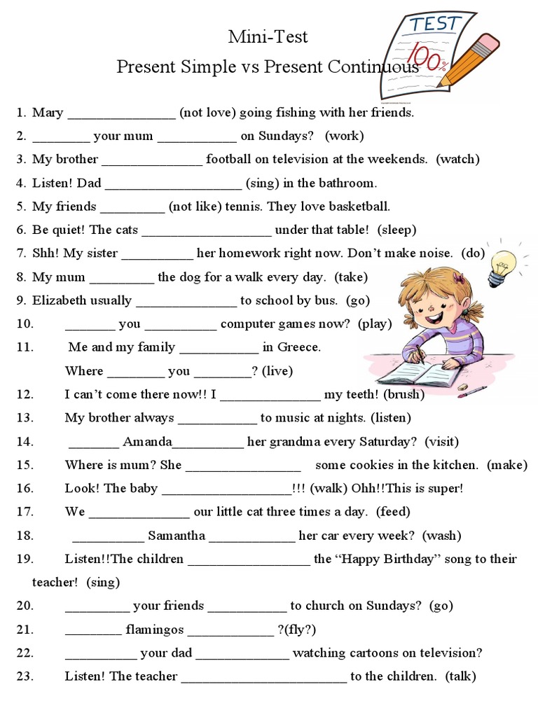 40 Questions Simple Present Vs Present Continuous Grammar Drills Tests ...