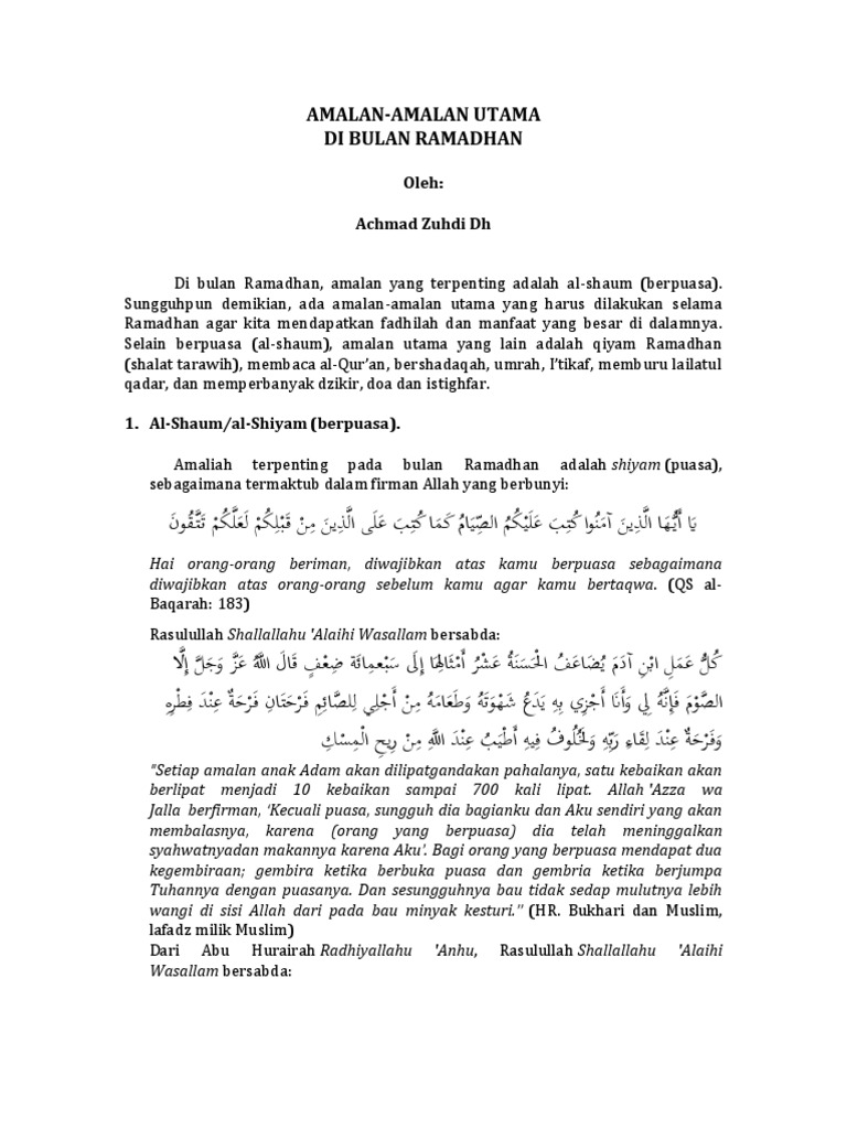 Amalan-Amalan Utama Di Bulan Ramadhan: Oleh: Achmad Zuhdi DH | PDF