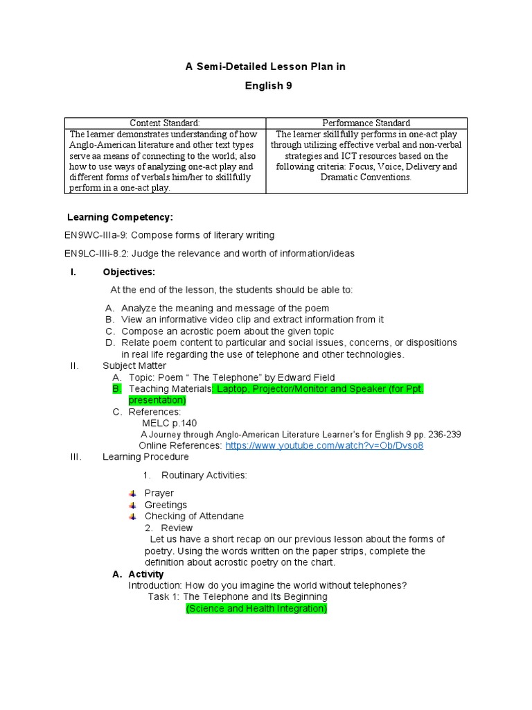 Semi-Detailed Lesson Plan: English 9 | PDF | Learning | Educational ...