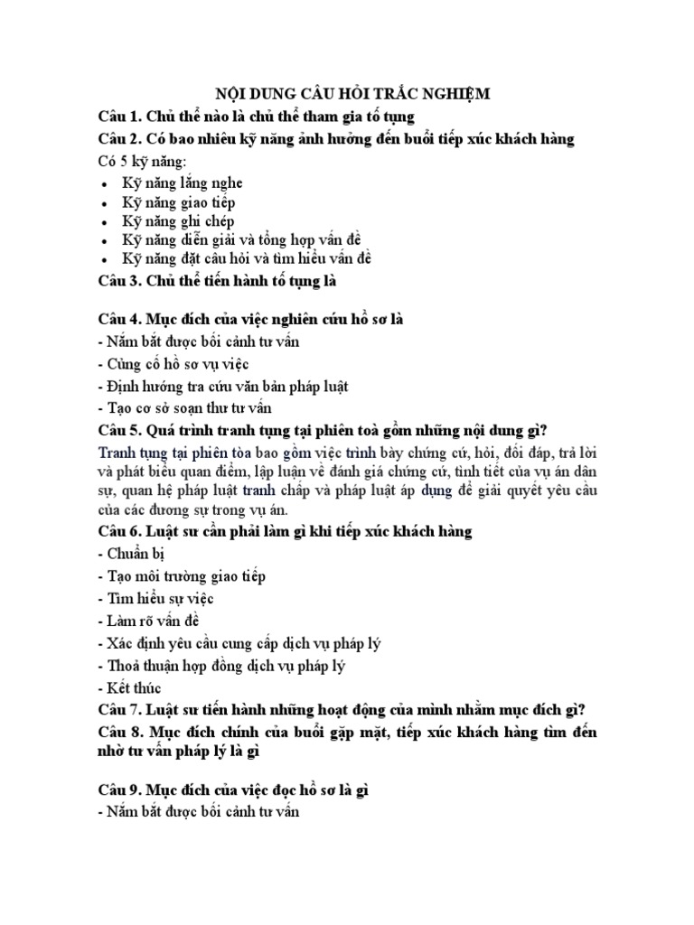 NỘI DUNG CÂU HỎI TRẮC NGHIỆM | PDF