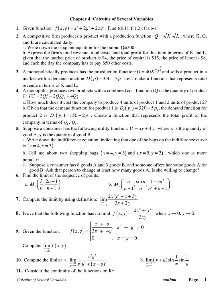 Calculus of Several Variables Exercises | PDF | Demand | Profit (Economics)